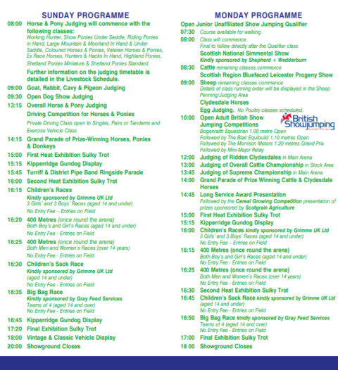 Showground Map & Sunday Monday Programme - The Turriff Show